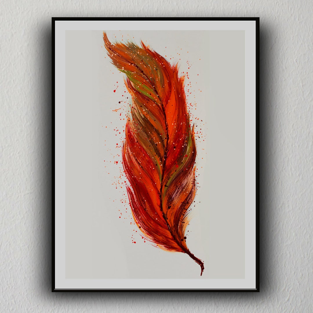 Feather Wall Art, Red Feather Print, Orange Wall Art Print, Printable ...