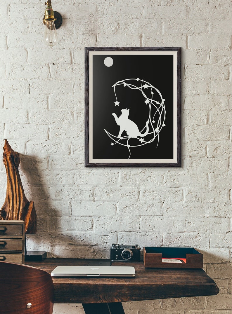 Satin Poster Moon Cat Art Print, Black Boho Minimalistic Cat on ...