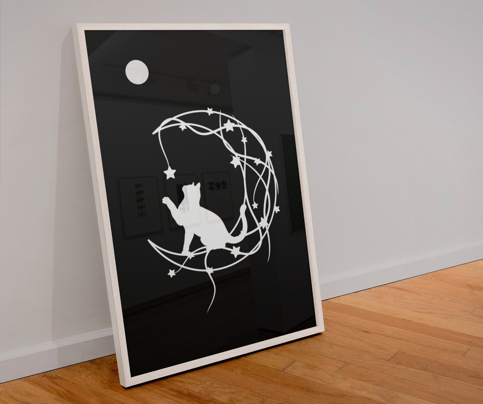 Satin Poster Moon Cat Art Print, Black Boho Minimalistic Cat on ...