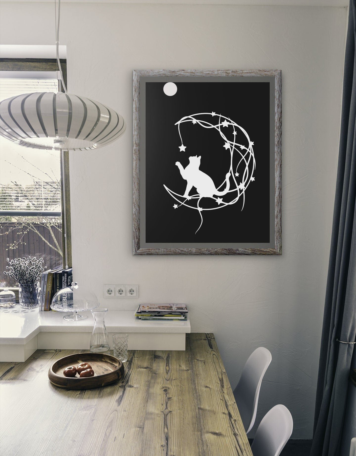 Satin Poster Moon Cat Art Print, Black Boho Minimalistic Cat on ...