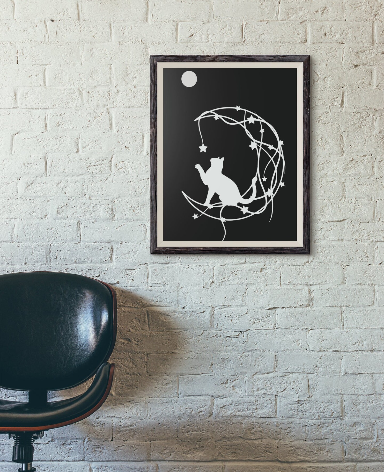 Satin Poster Moon Cat Art Print, Black Boho Minimalistic Cat on ...