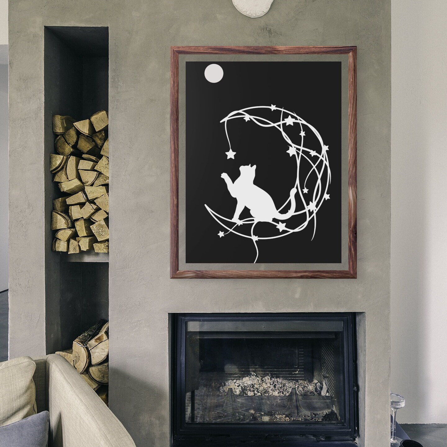 Satin Poster Moon Cat Art Print, Black Boho Minimalistic Cat on ...