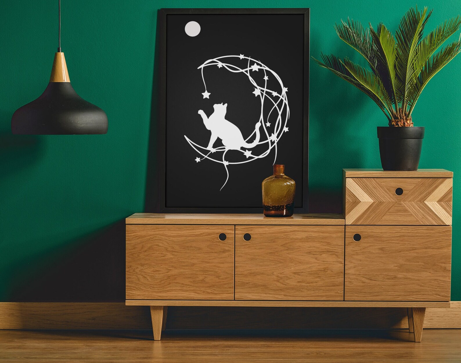 Satin Poster Moon Cat Art Print, Black Boho Minimalistic Cat on ...