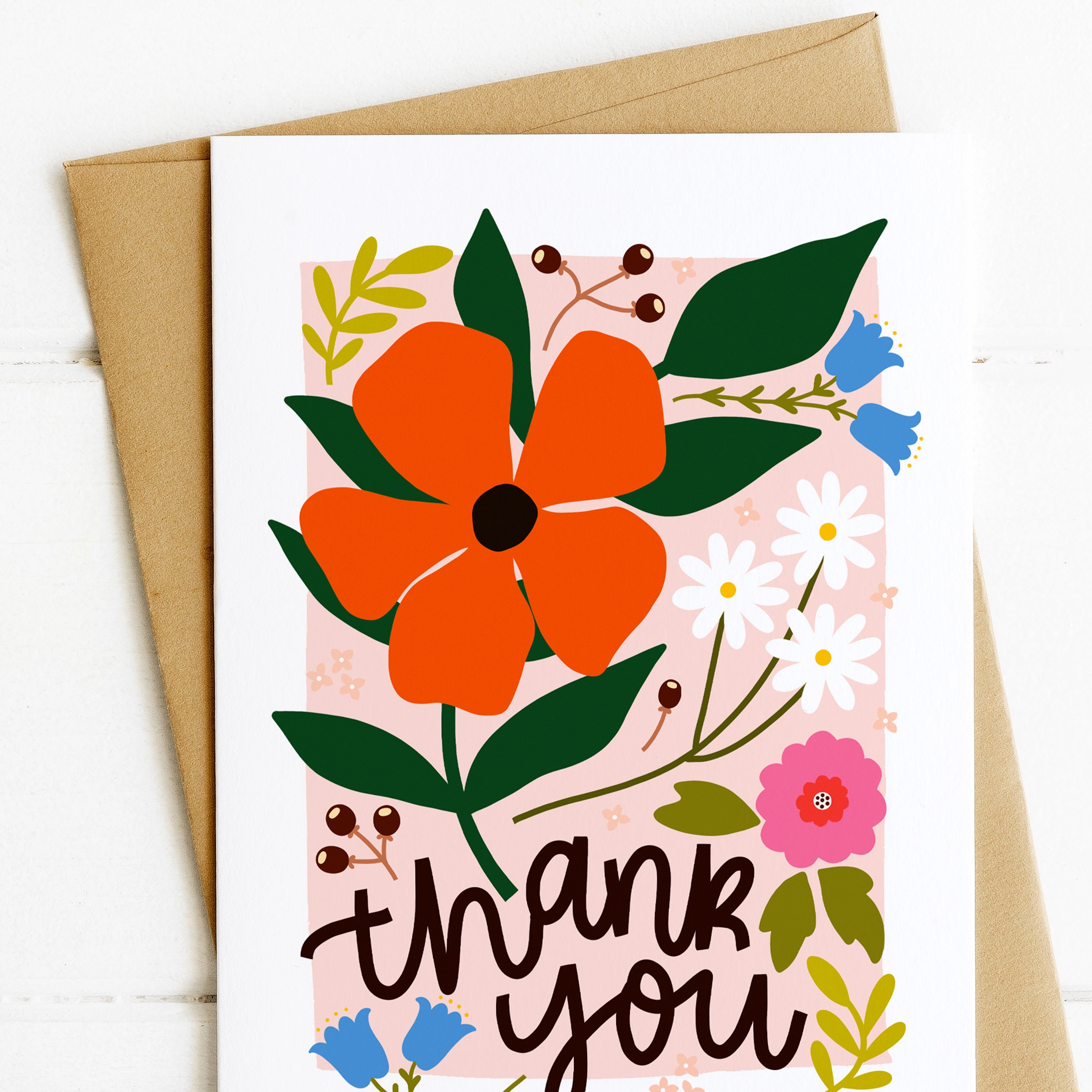 Thank You Card, Floral Thank You Card, Illustrated Thank You Card ...