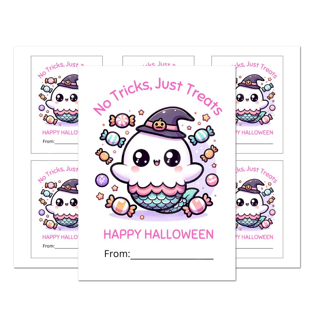 No Tricks Just Treats Tags Printable, Mermaid Ghost Happy Halloween Tag ...