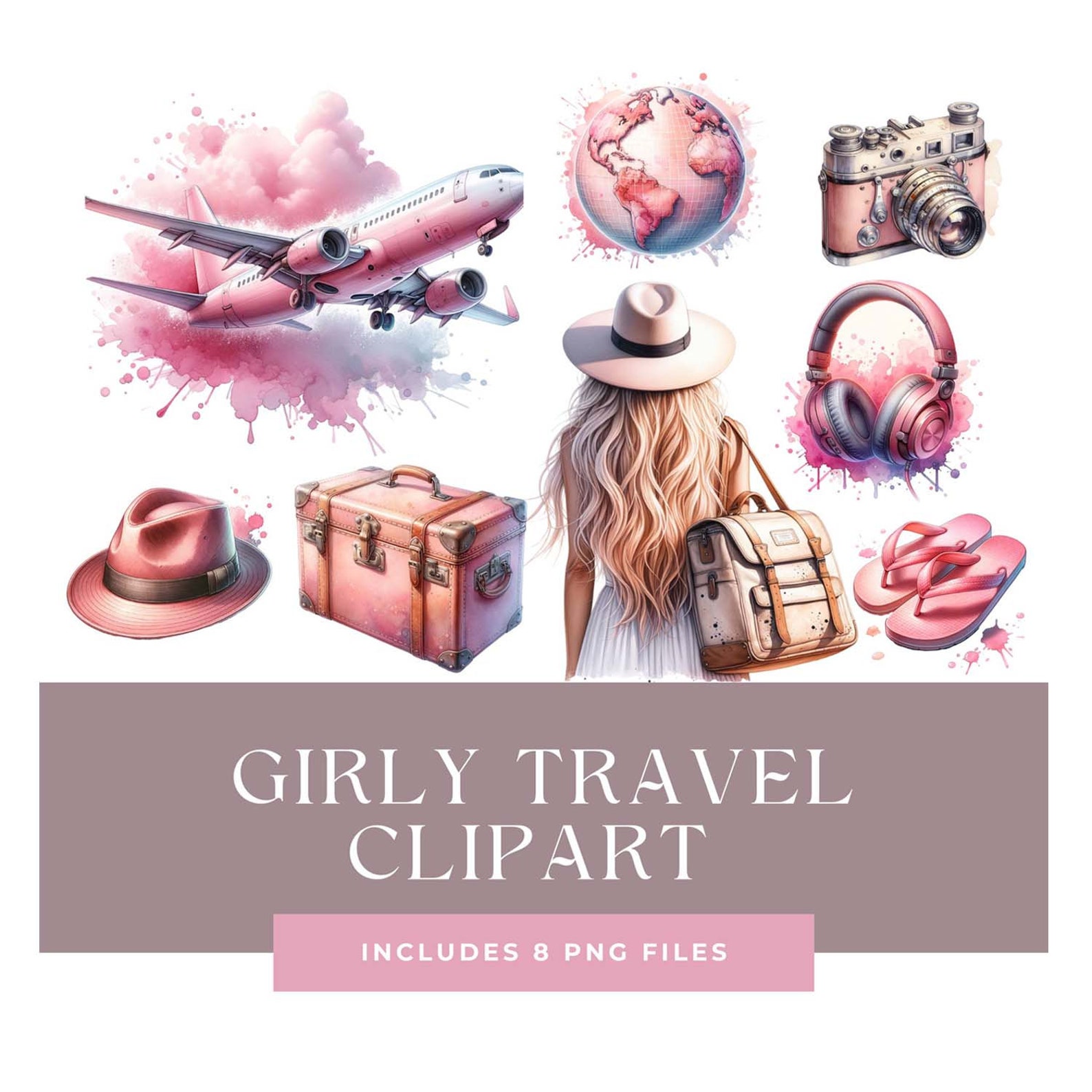 Girly Travel Clipart, Pink Travel Clip Art, Watercolor Traveler Girl ...
