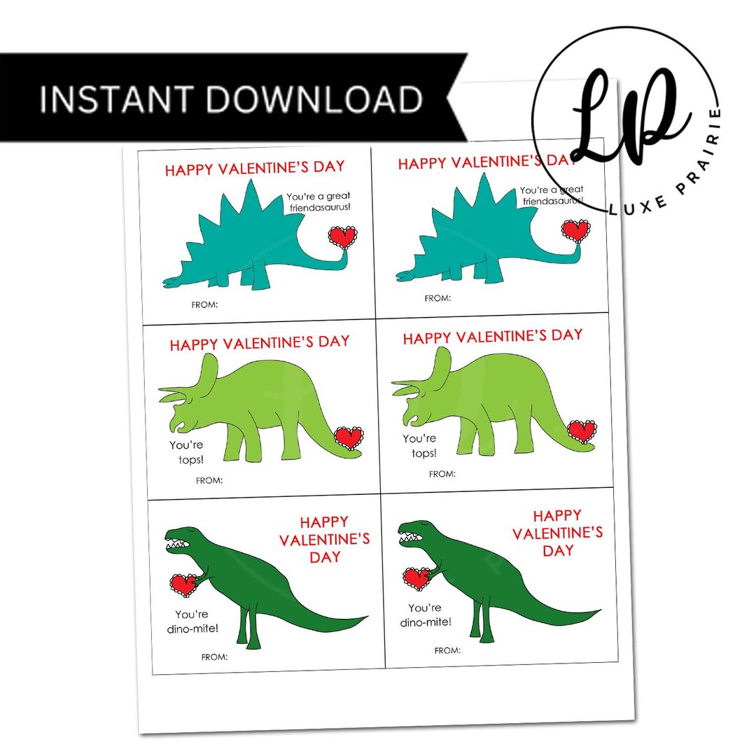 Kids Dinosaur Valentines for Class Printable, Pass Out Valentines ...