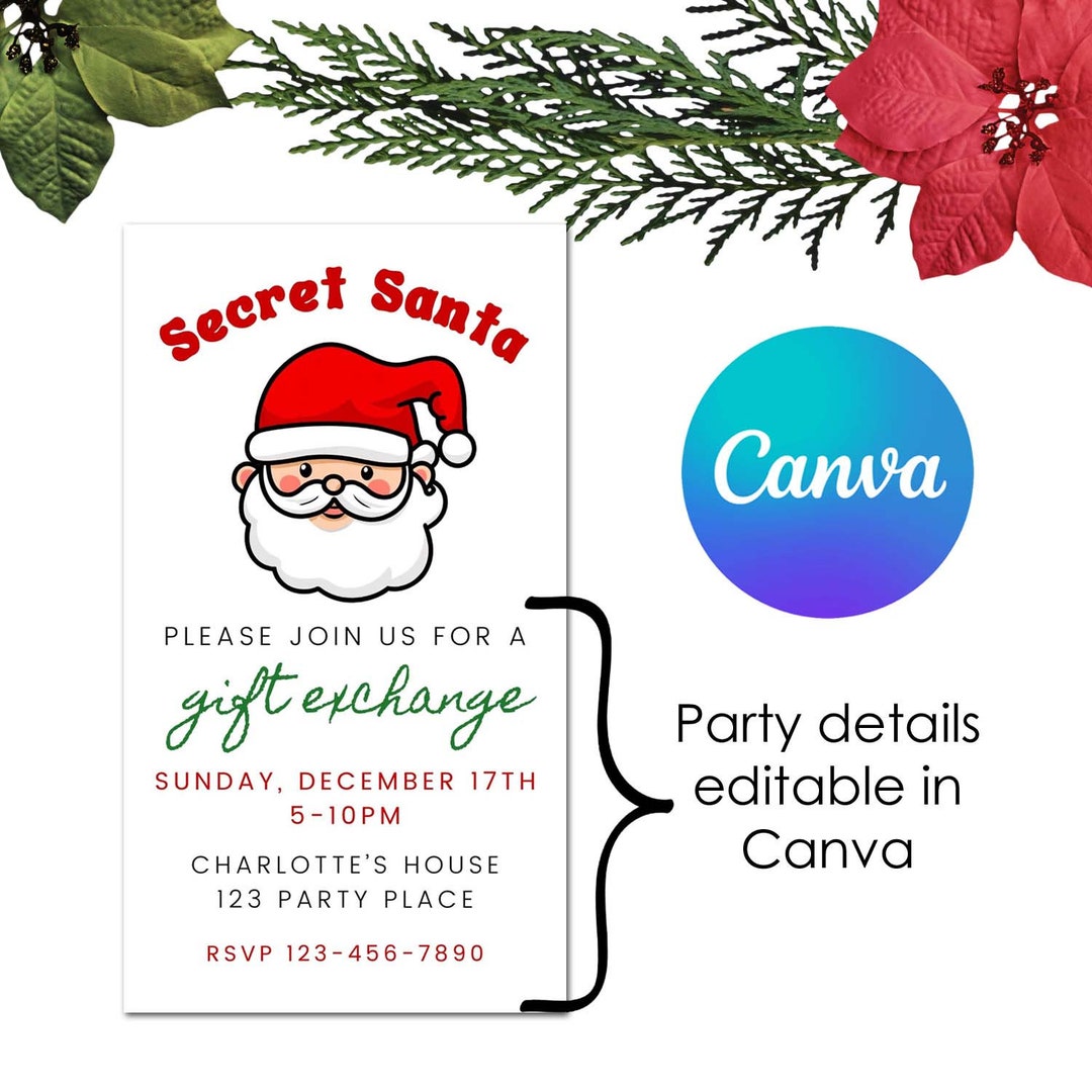 Secret Santa Canva Invite, Christmas Gift Exchange Invitation, Digital, Secret Santa Party ...