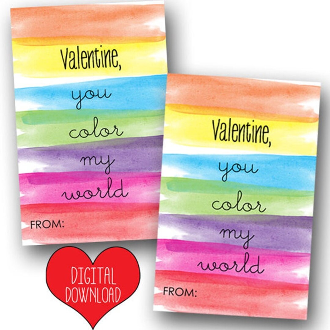 You Color My World Valentines Printable, Digital Valentines, Valentine ...