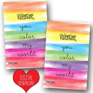 You Color My World Valentines Printable, Digital Valentines, Valentine ...