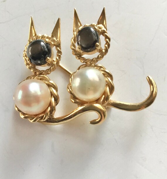 Merrin 18k solid yellow gold cat brooch pearl black &… - Gem