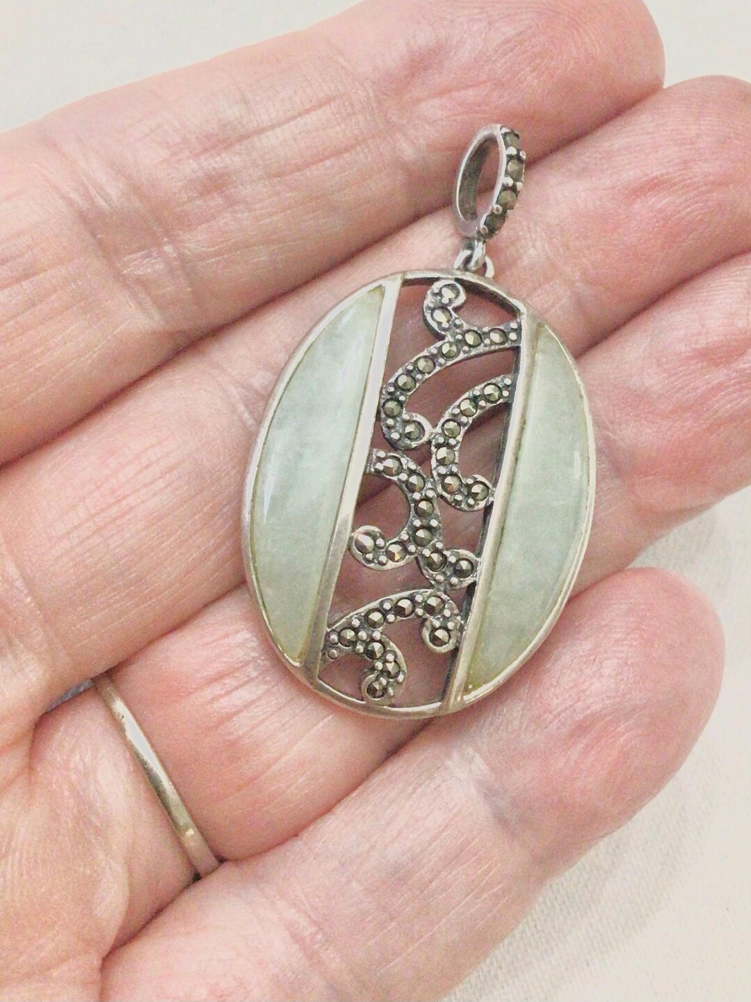 1930’s Chinese Export Celadon Jade Marcasite Sterling Necklace Pendant ...