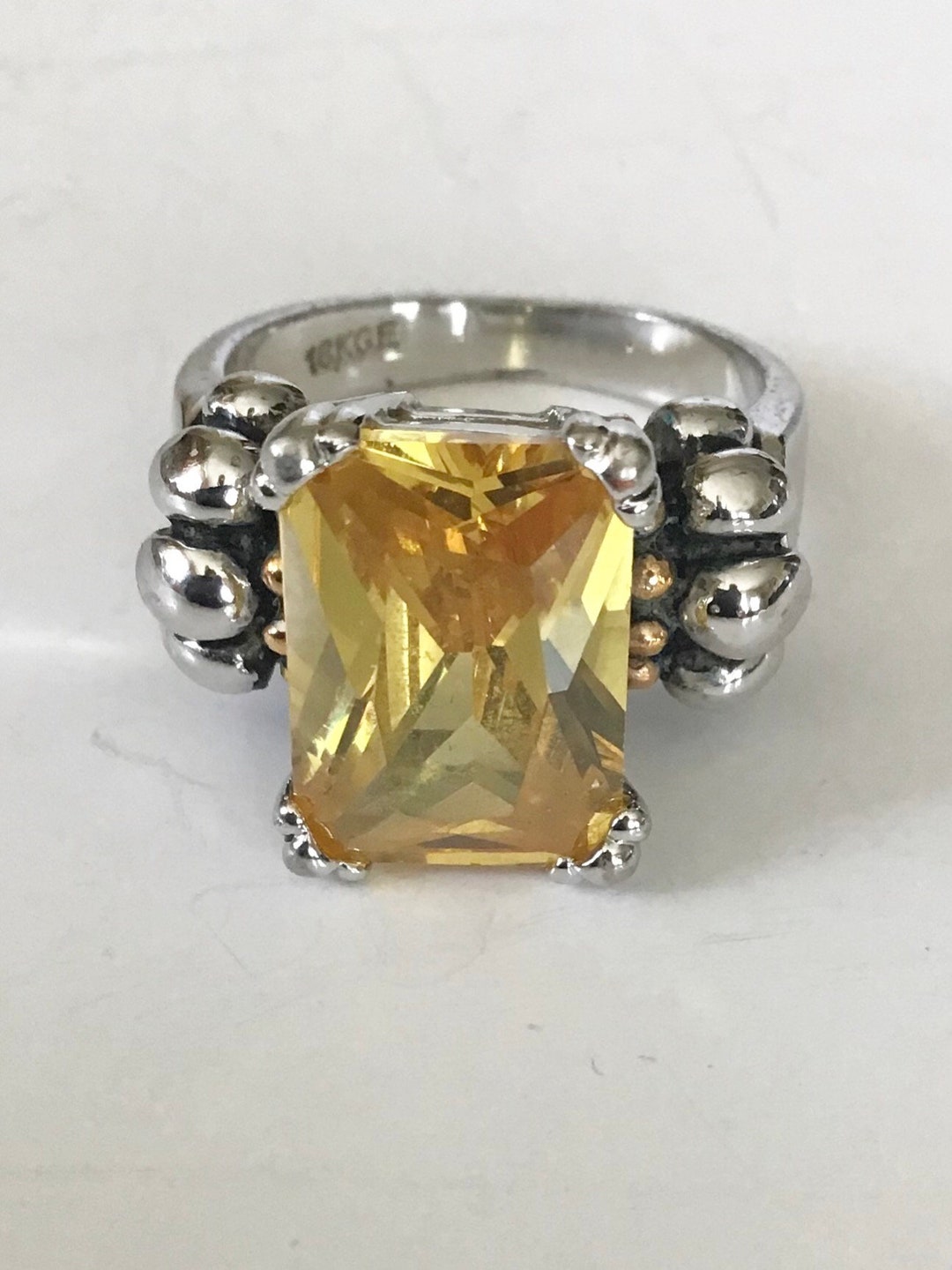 Vintage Sparkling Yellow Cubic Zirconia Ring Huge Emerald Cut CZ in 18k ...
