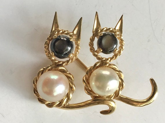 Merrin 18k solid yellow gold cat brooch pearl black &… - Gem