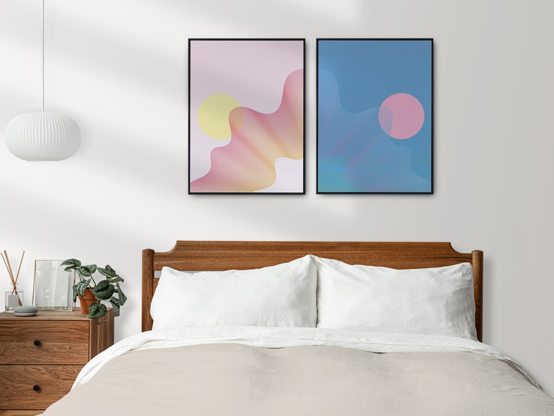 Sun Spiral Abstract Poster Set Pink and Blue Line Illustration Wall Art ...