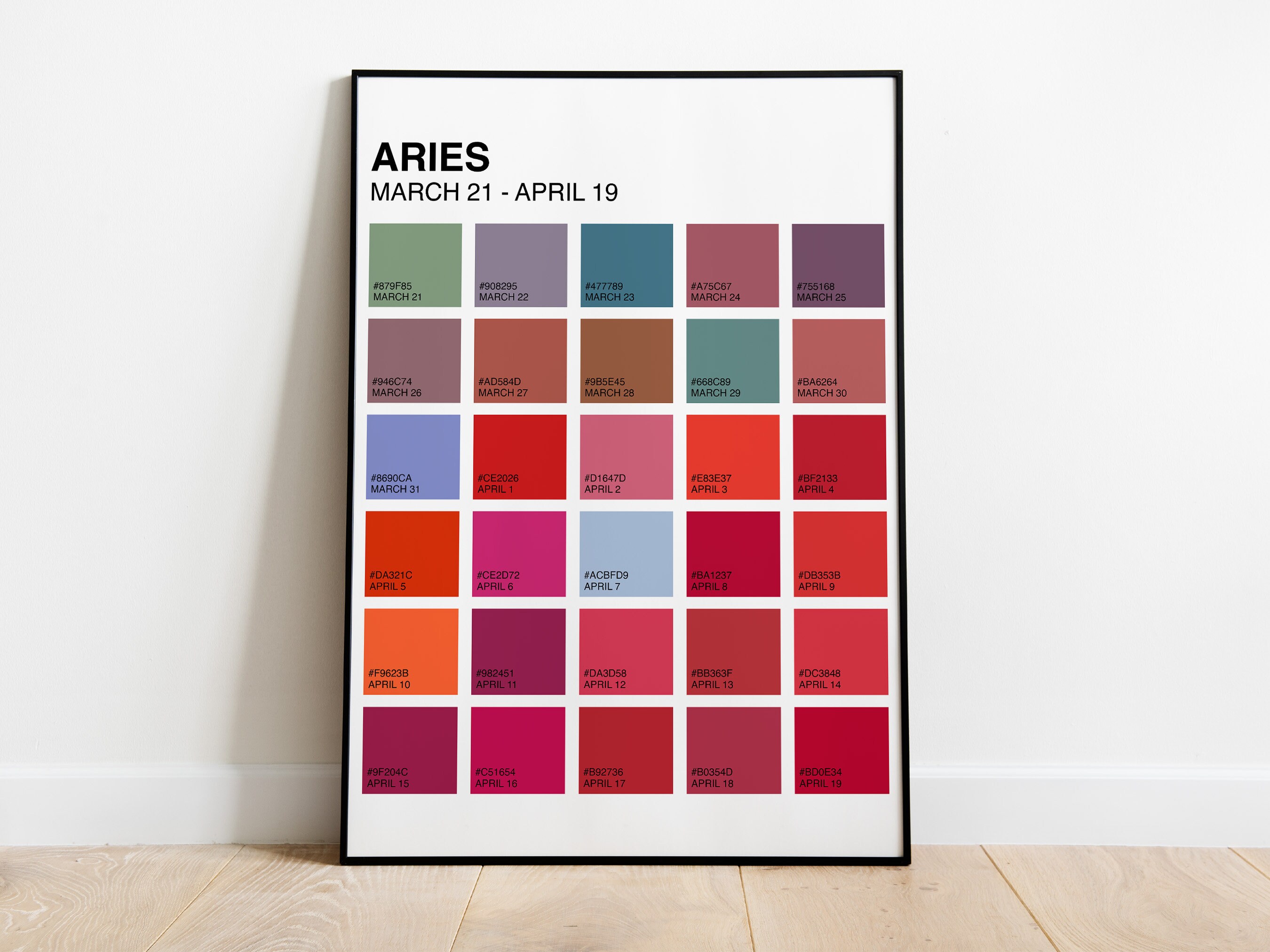 Aries Pantone Colors Birthday Chart DIGITAL DOWNLOAD Wall Art Astrology ...