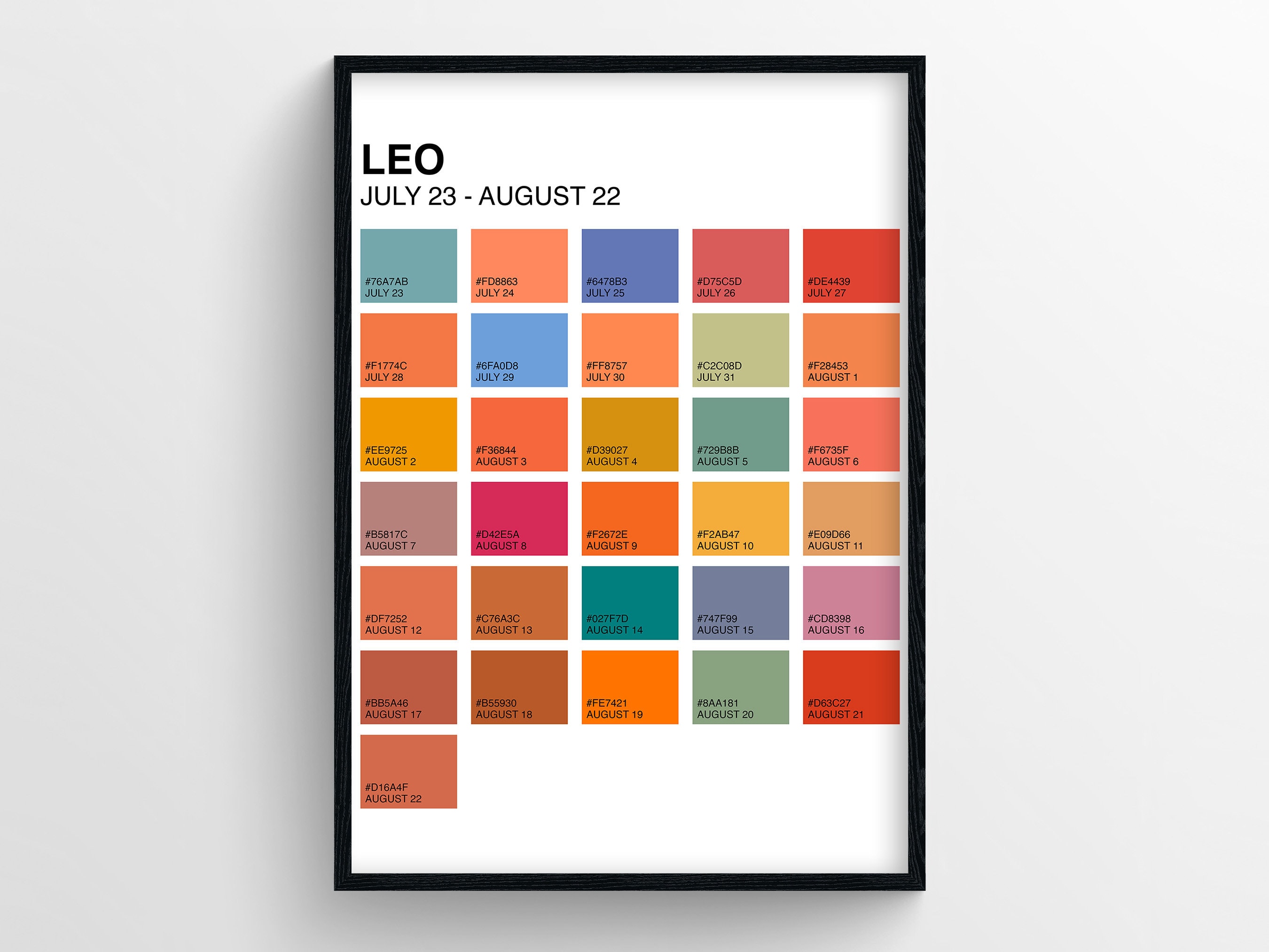 Leo Pantone Colors Birthday Chart | DIGITAL DOWNLOAD Wall Art ...