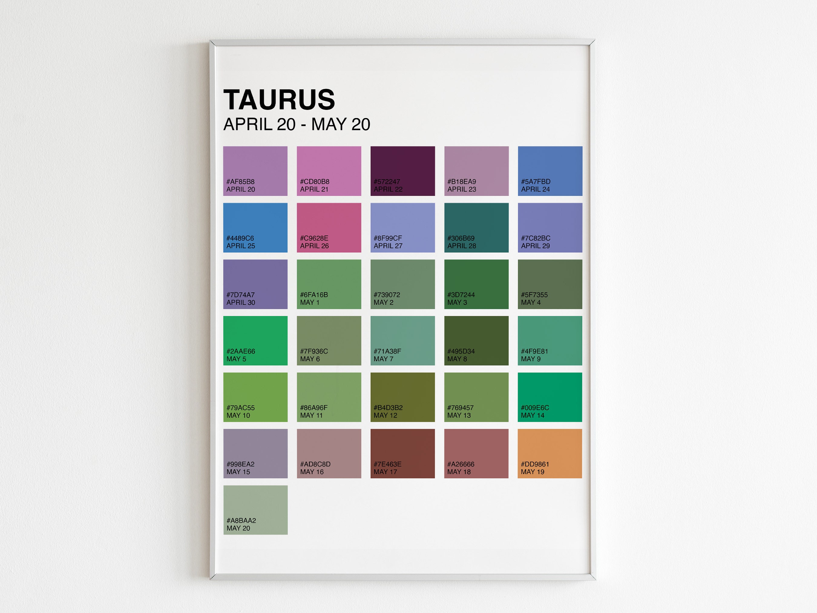 Taurus Pantone Colors Birthday Chart | DIGITAL DOWNLOAD Wall Art ...