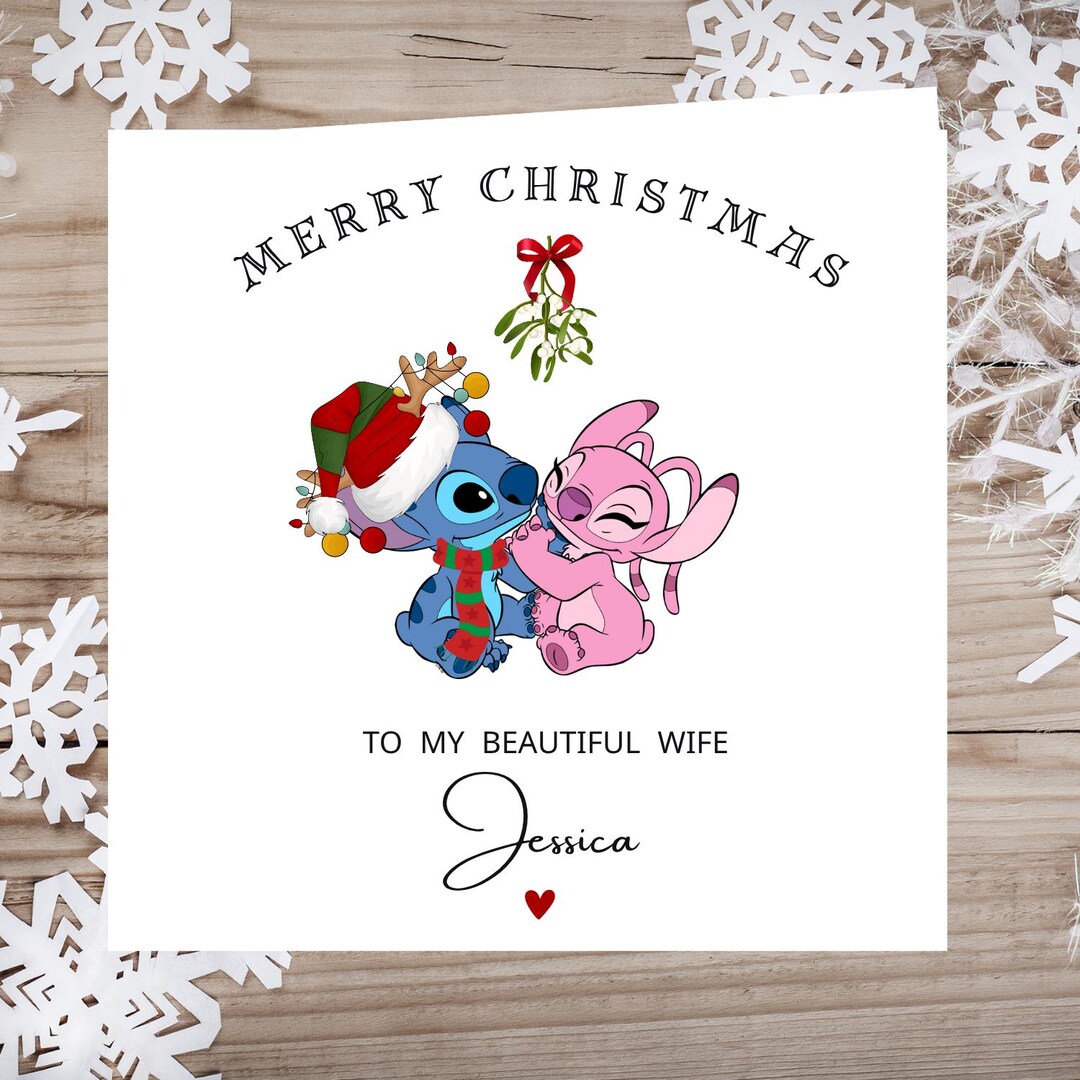 Lilo & Stitch Christmas Card Mistletoe Hearts Hugs Wife Husband Mum Dad ...
