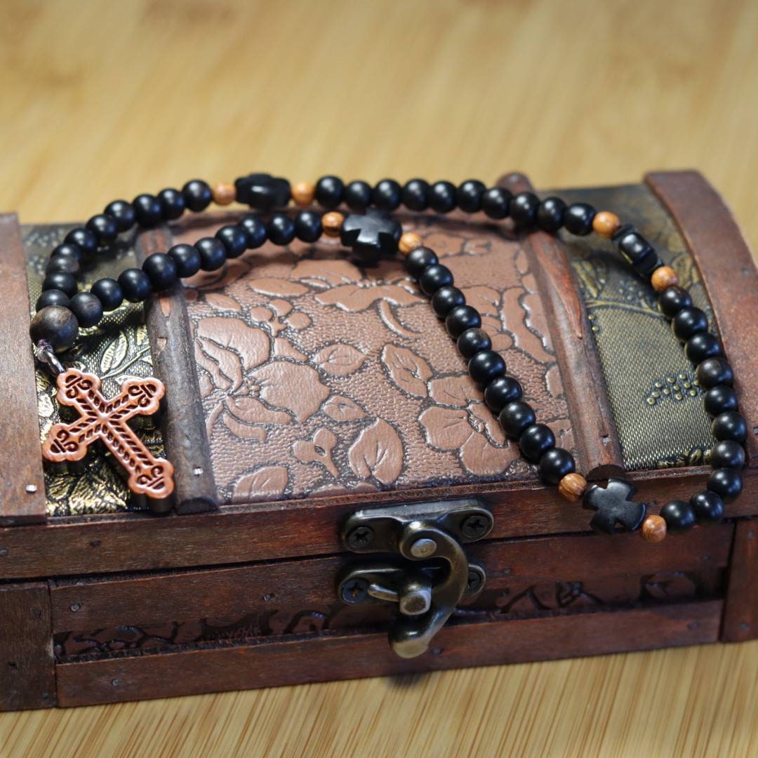 Chotki Prayer Rope With Rosewood Cross Pendant Matte Black Beads ...