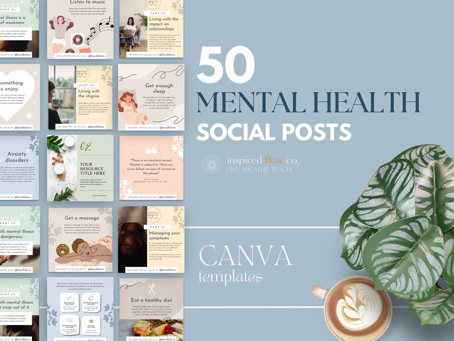 50 Wellness Posts Canva Template Mental Health Feed Posts-stories ...
