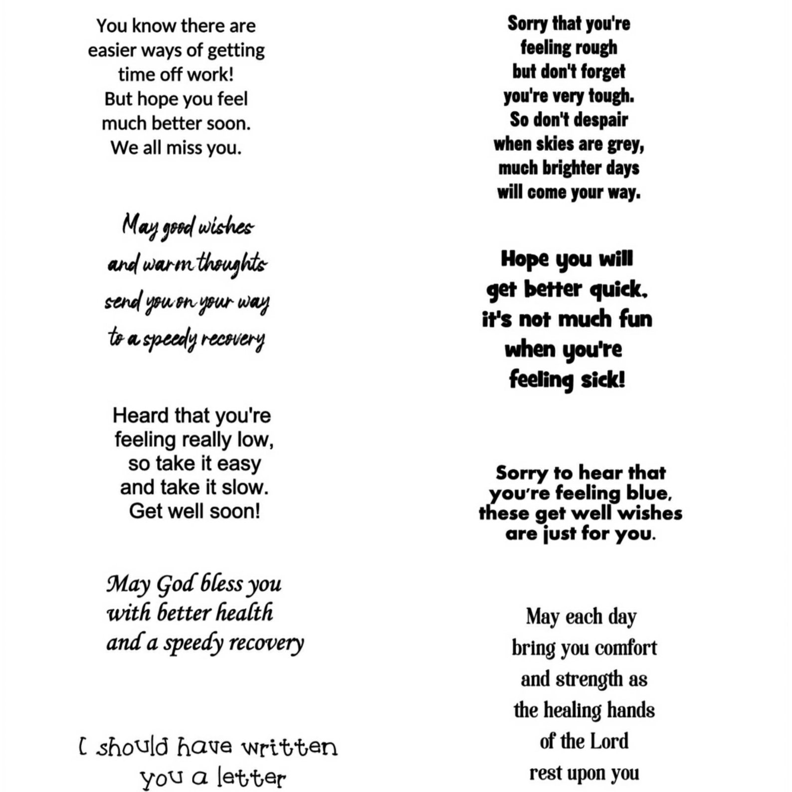 Get Well Card Inserts Digital Sheet, Printable Card Verses, Inside Card ...