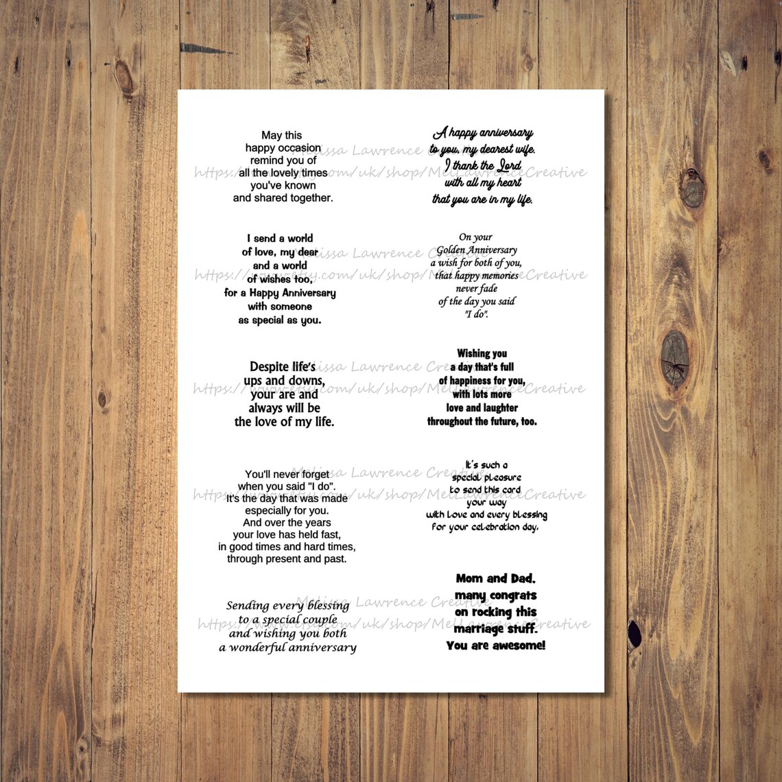 Anniversary Card Inserts Digital Sheet, Printable Anniversary Card ...