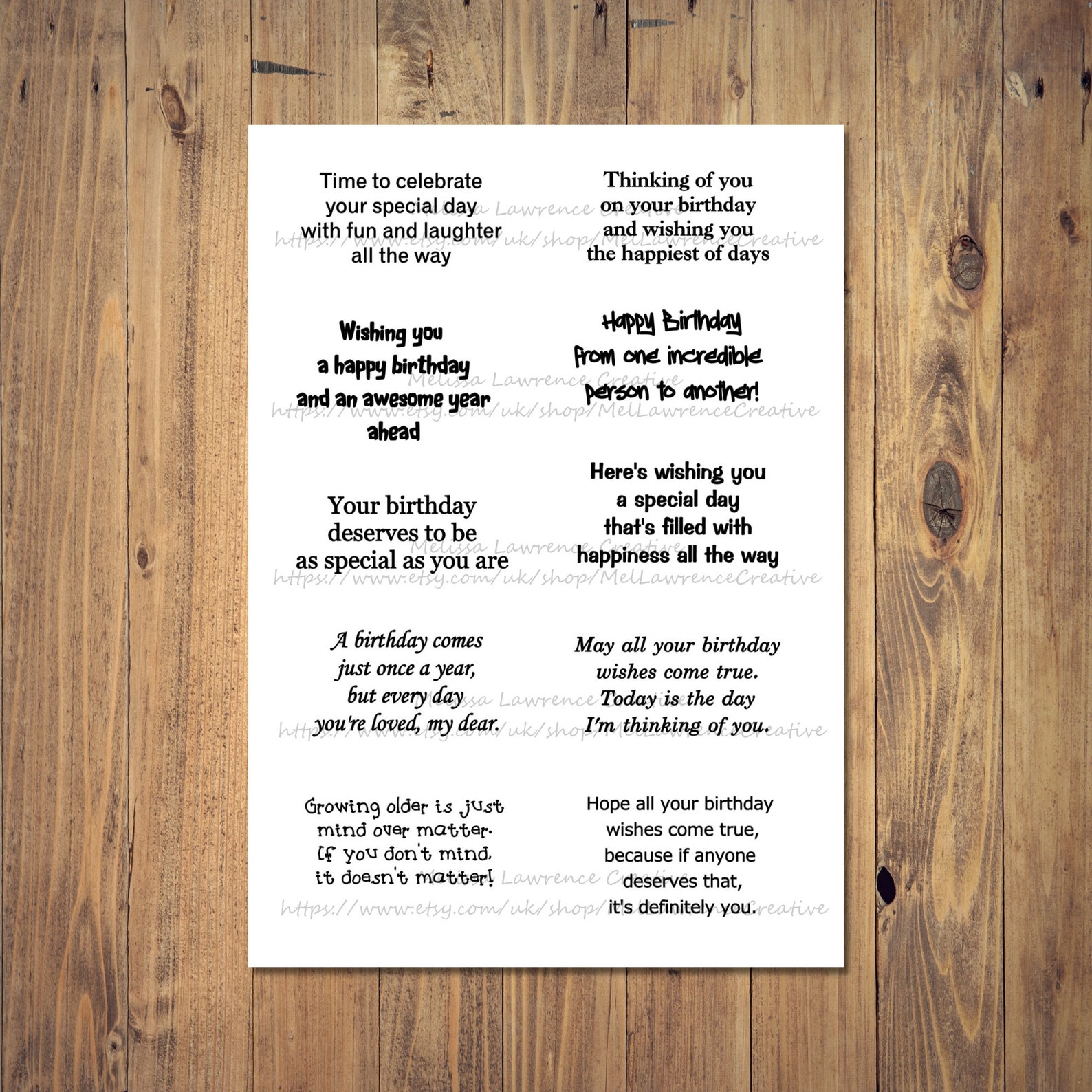 Birthday Card Inserts Digital Sheet, Printable Card Insert Verses ...
