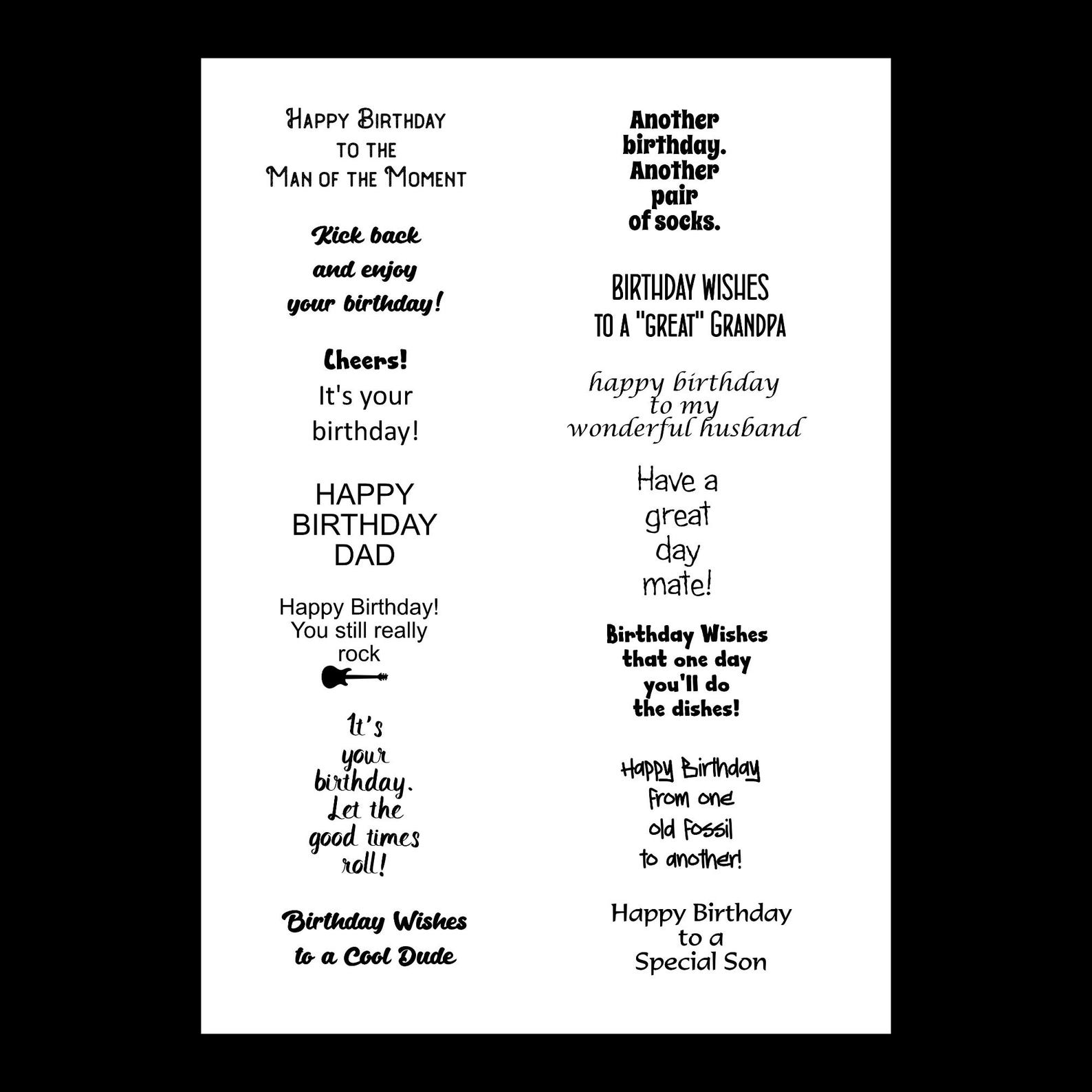 Male Birthday Sentiments Digital Sheet, Words for Masculine Cards ...