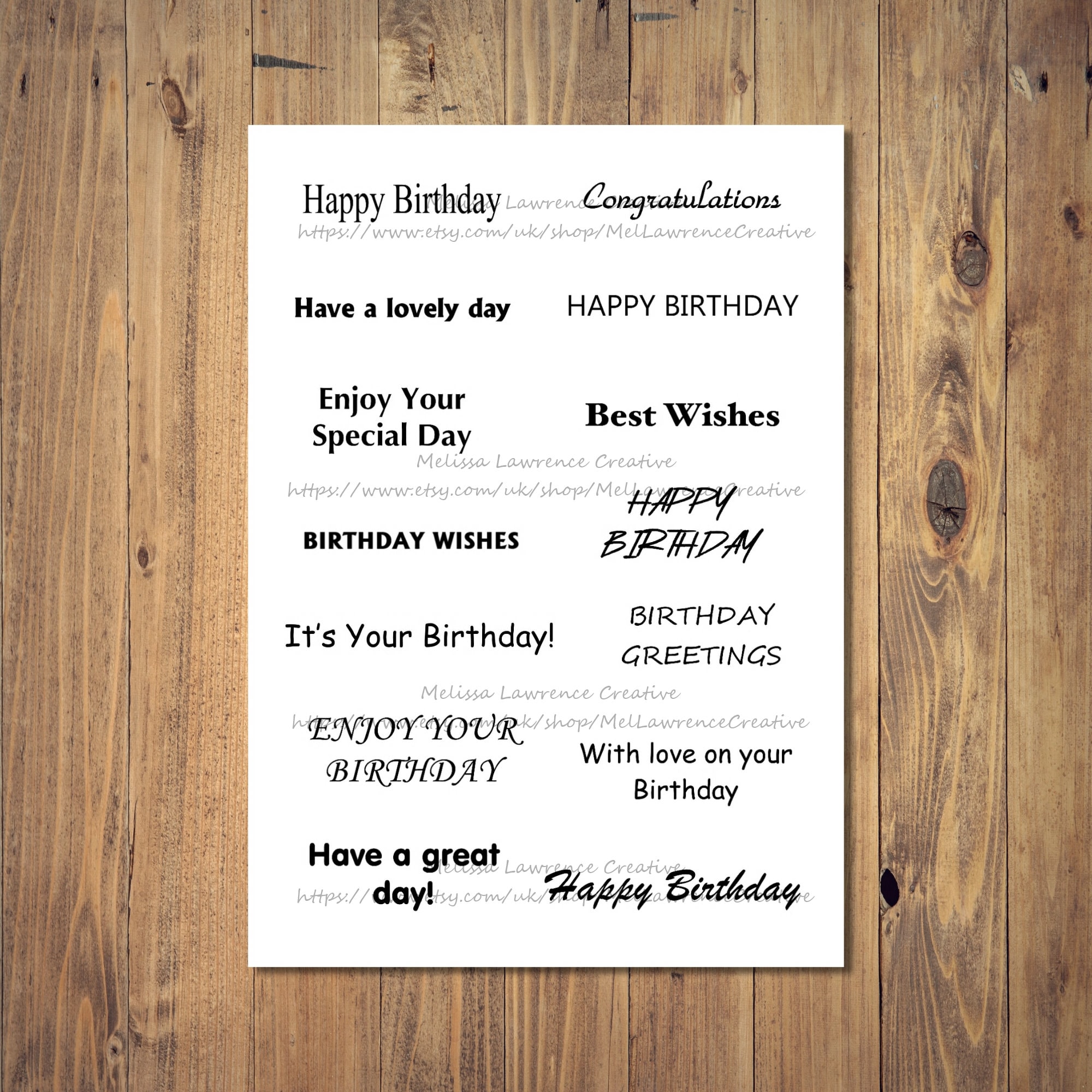 Birthday Sentiments Digital Sheet, Ready to Print Words and Phrases ...