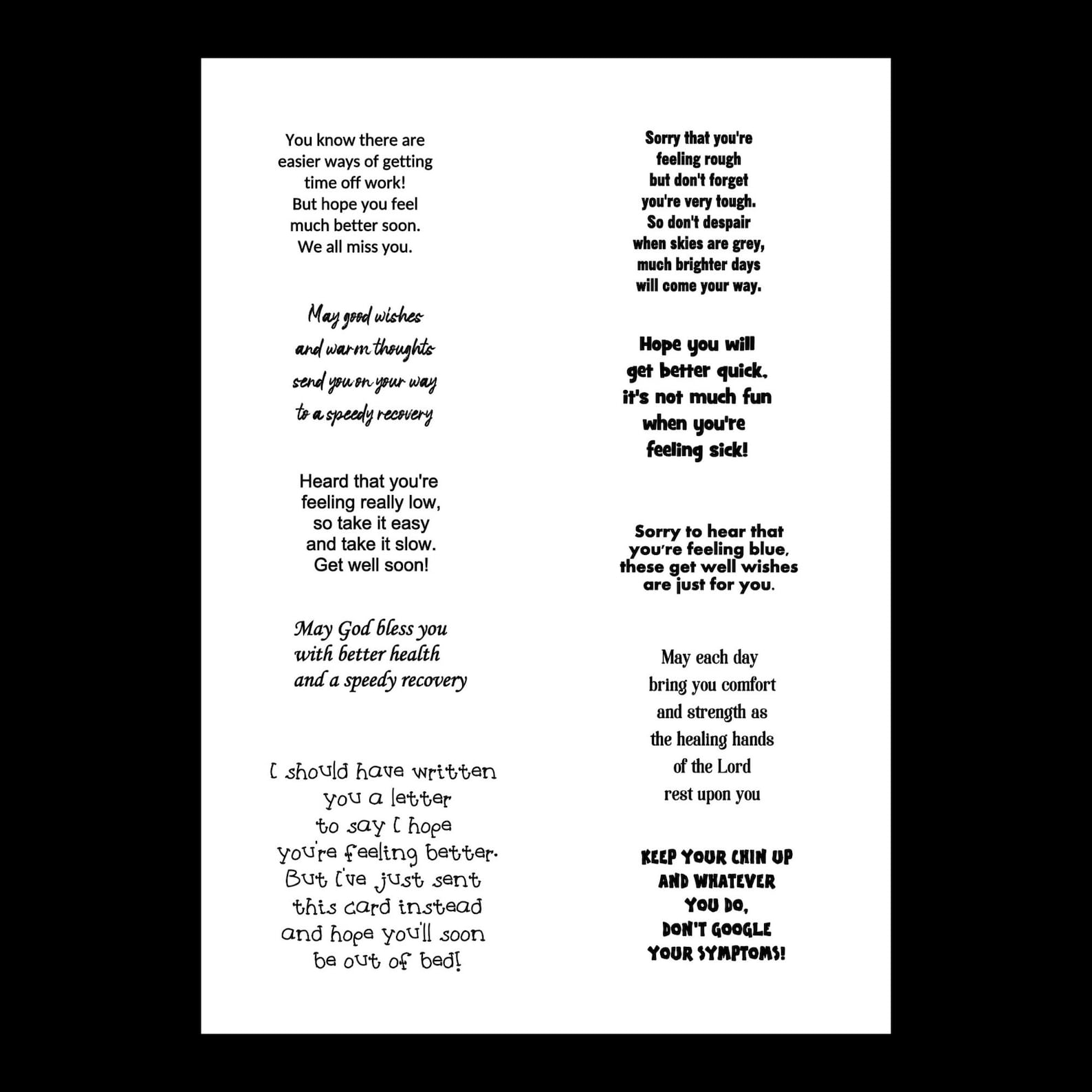 Get Well Card Inserts Digital Sheet, Printable Card Verses, Inside Card ...