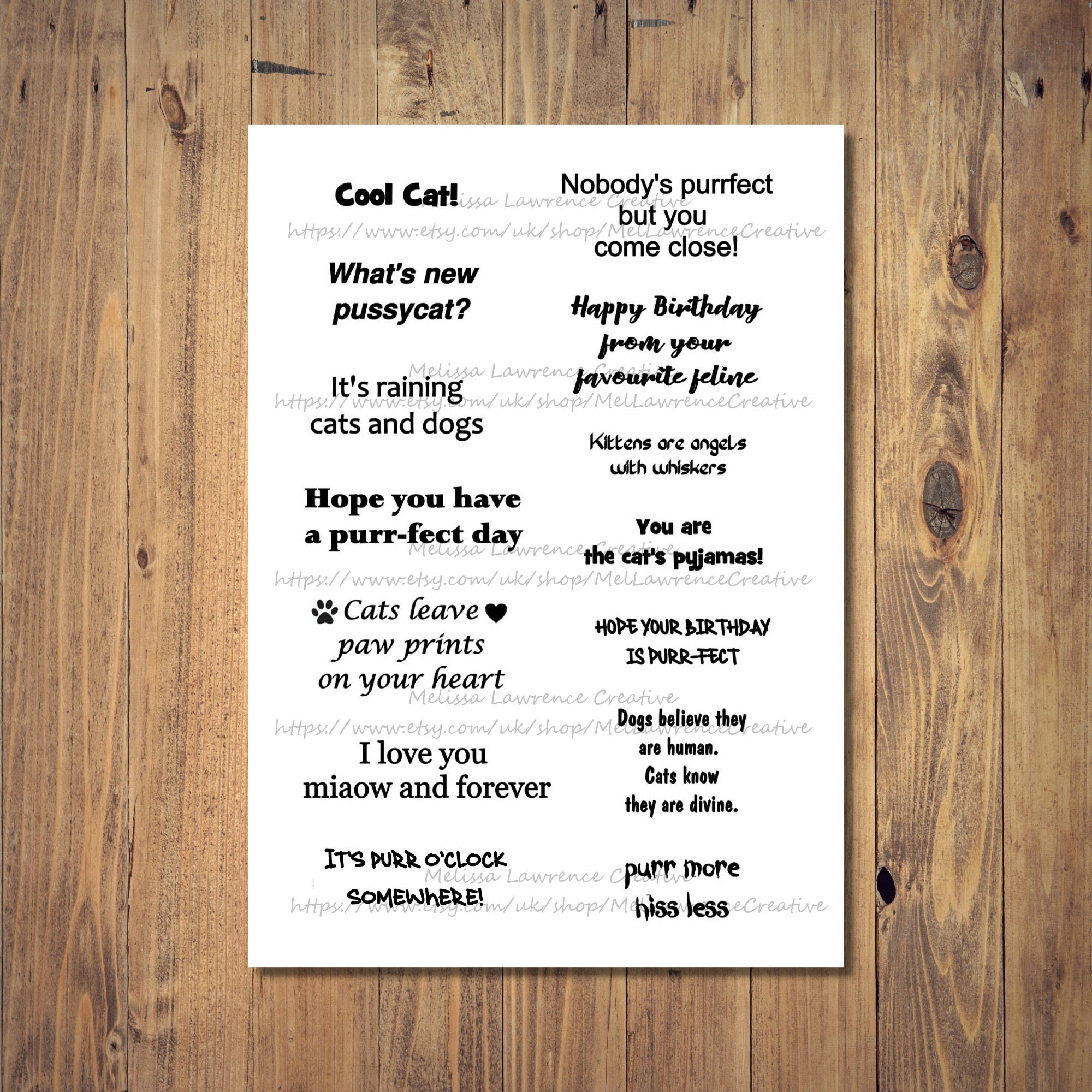 Cat Sentiments Digital Sheet, Printable Cat Quotes, Cat Card Sentiments ...