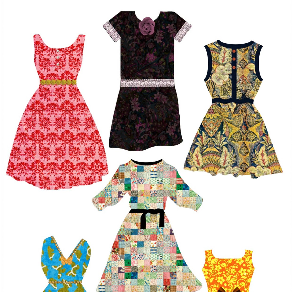 Pretty Dresses Digital Collage Sheet Descarga instantánea, Etiquetas de ...