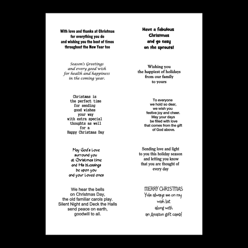 Christmas Card Inserts Digital Sheet, Printable Christmas Card Verses ...