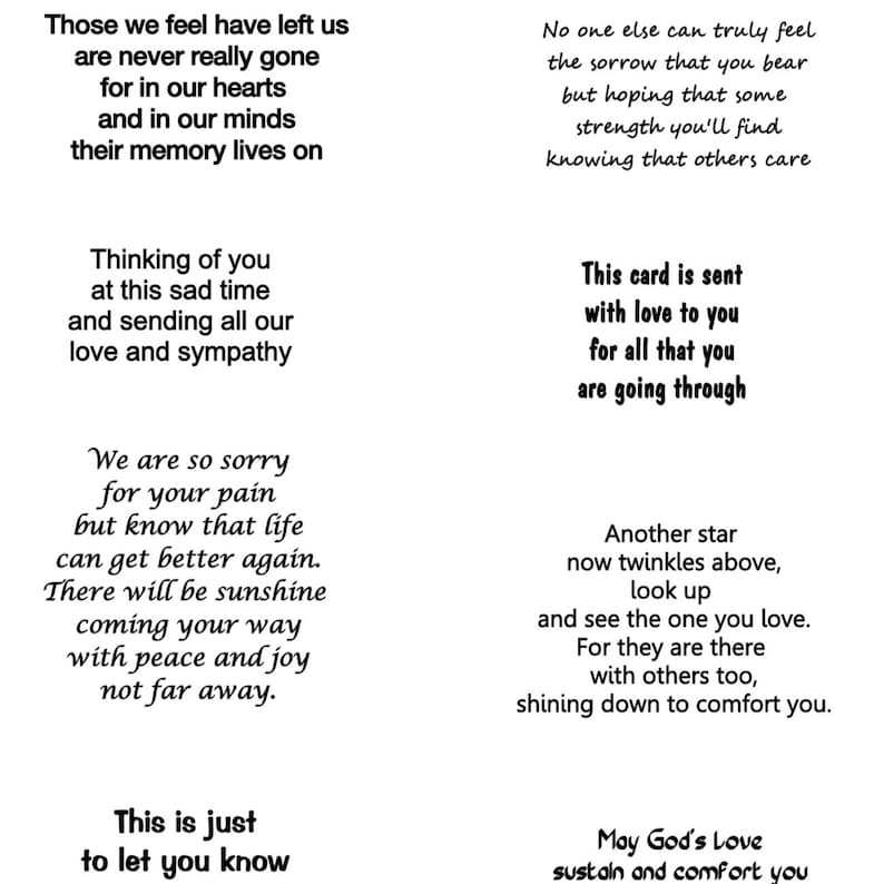 Sympathy Card Inserts Digital Sheet, Sympathy Card Inside Sentiments ...