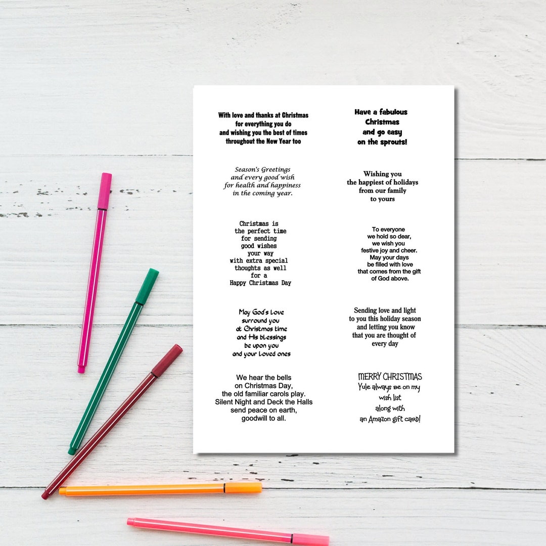 Christmas Card Inserts Digital Sheet, Printable Christmas Card Verses ...