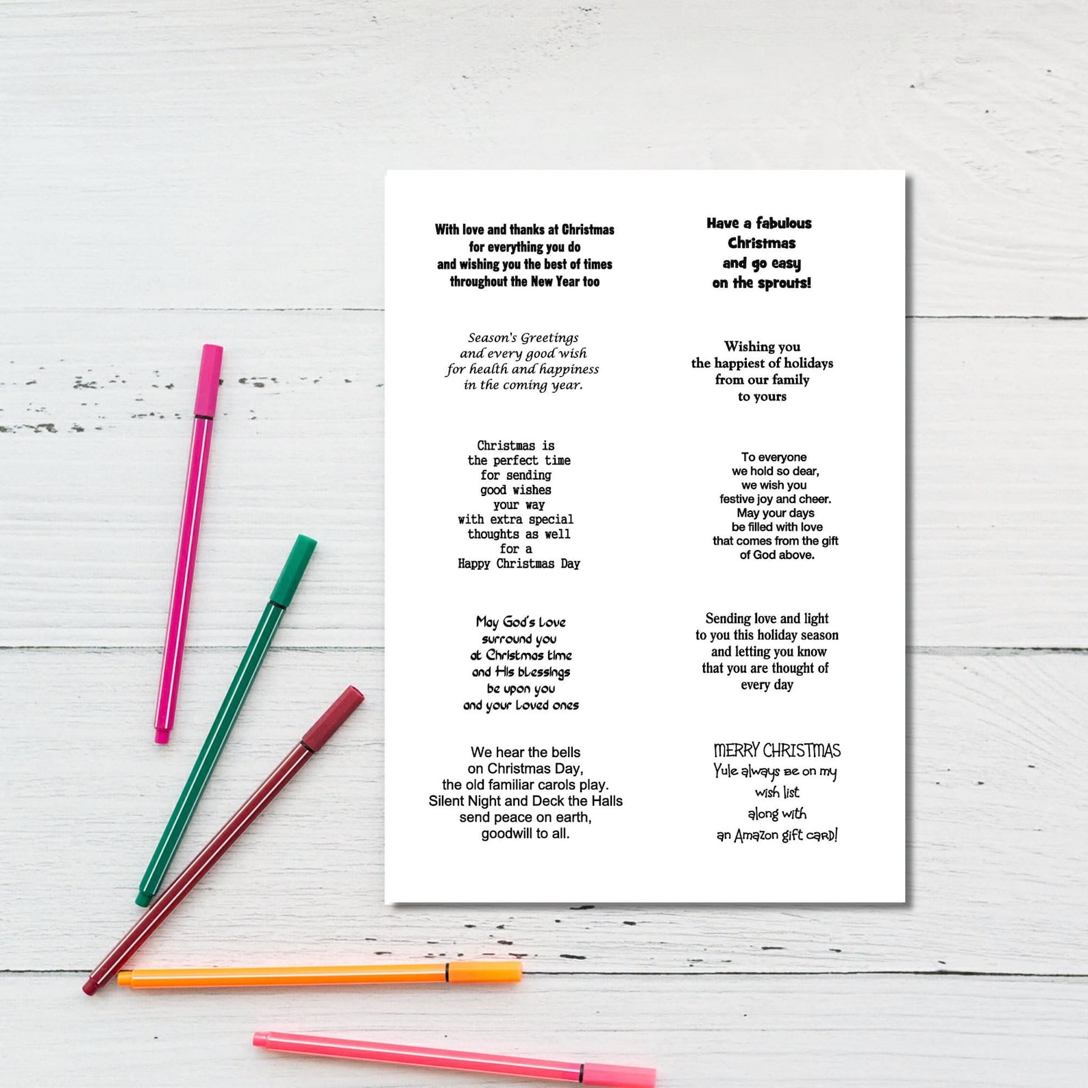 Christmas Card Inserts Digital Sheet, Printable Christmas Card Verses ...
