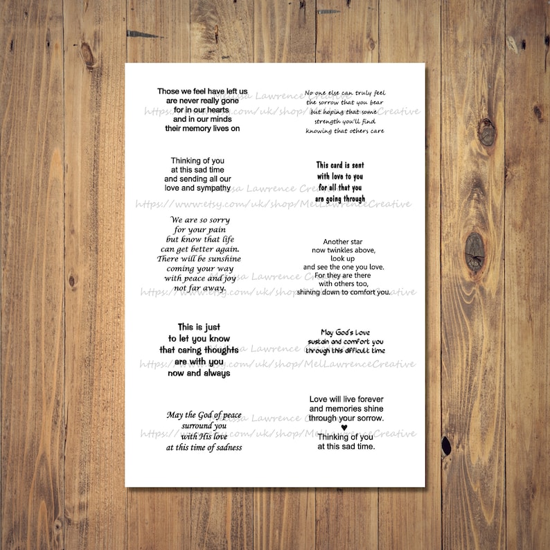 Sympathy Card Inserts JPG Sheet, Sympathy Card Inside Sentiments ...