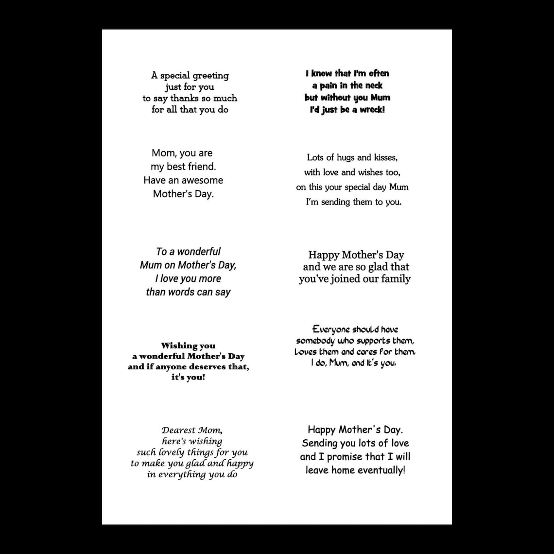 Mother's Day Card Inserts Digital Sheet, Mother's Day Sentiments ...