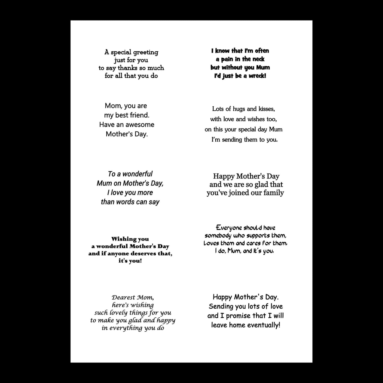 Mother's Day Card Inserts Digital Sheet, Mother's Day Sentiments ...