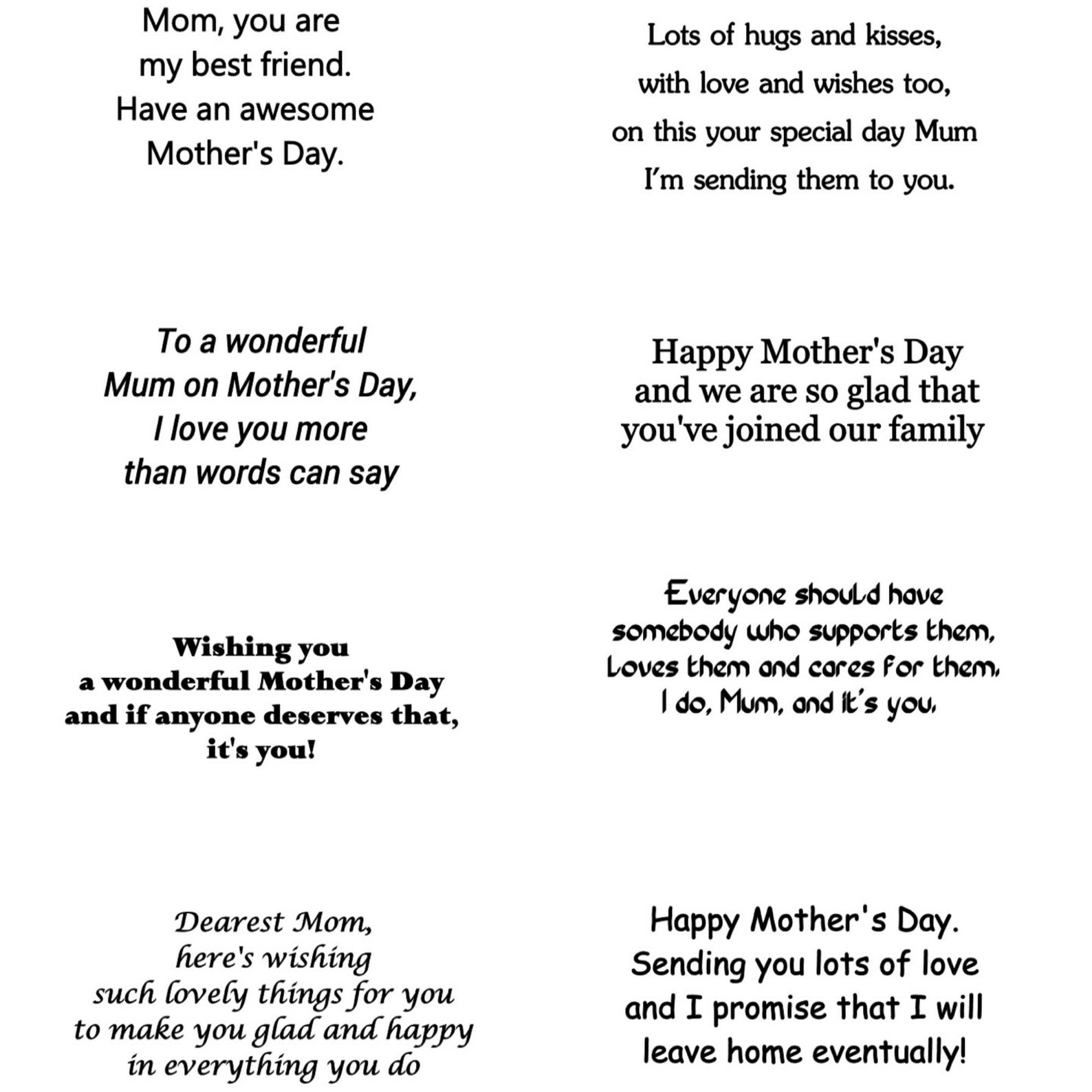 Mother's Day Card Inserts Digital Sheet, Mother's Day Sentiments ...