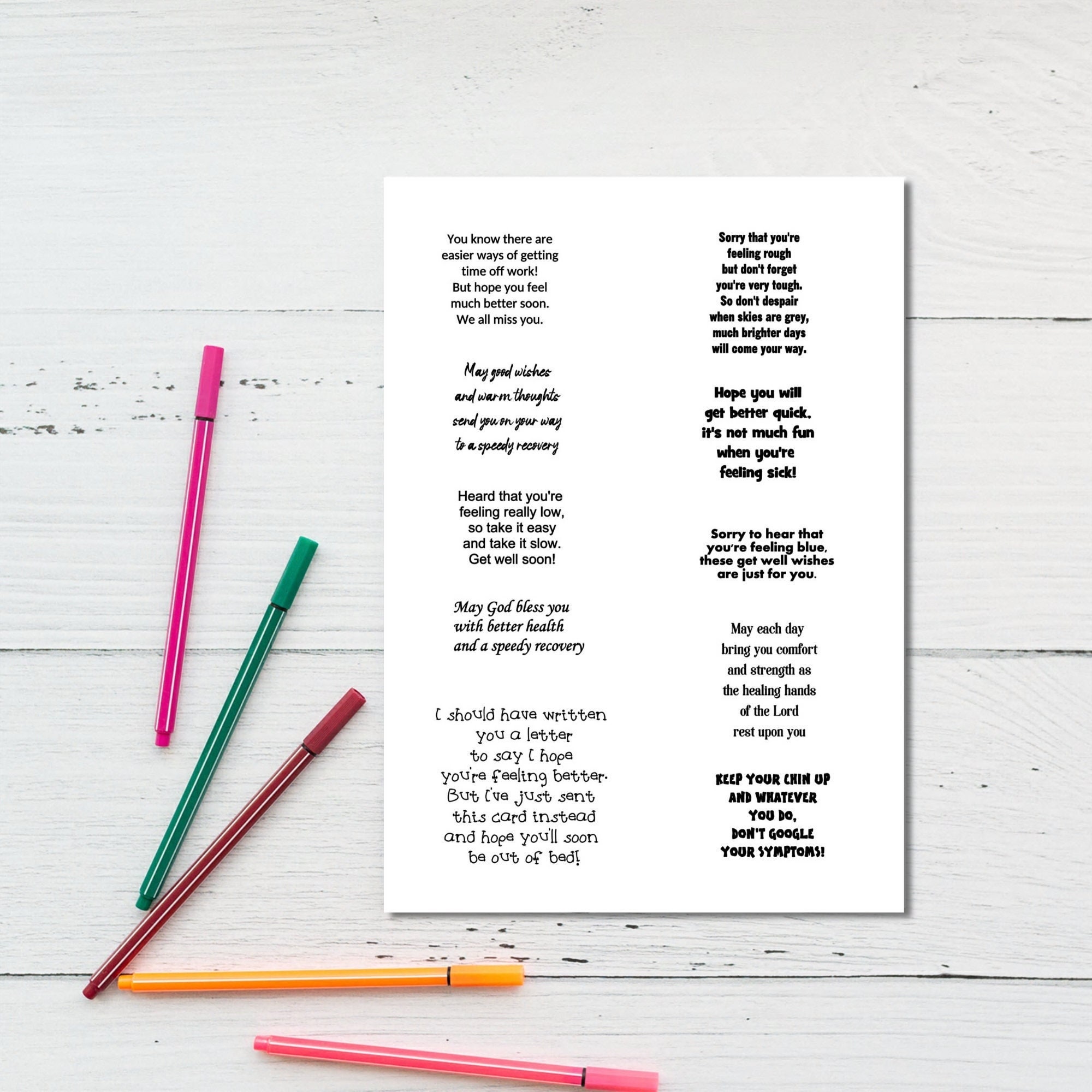 Get Well Card Inserts Digital Sheet, Printable Card Verses, Inside Card ...