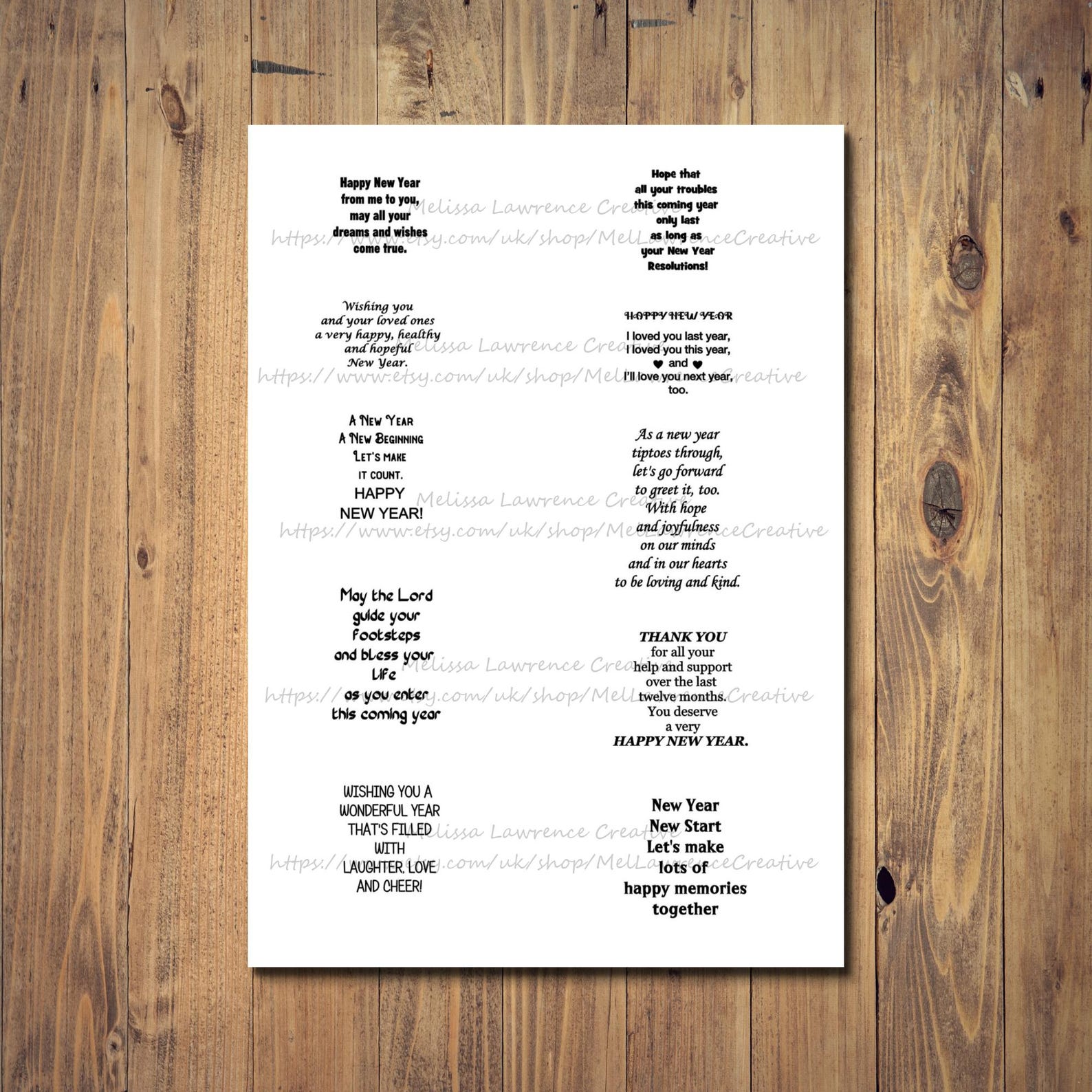 New Year Card Inserts Printable Sheet, New Year Sentiments Digital ...