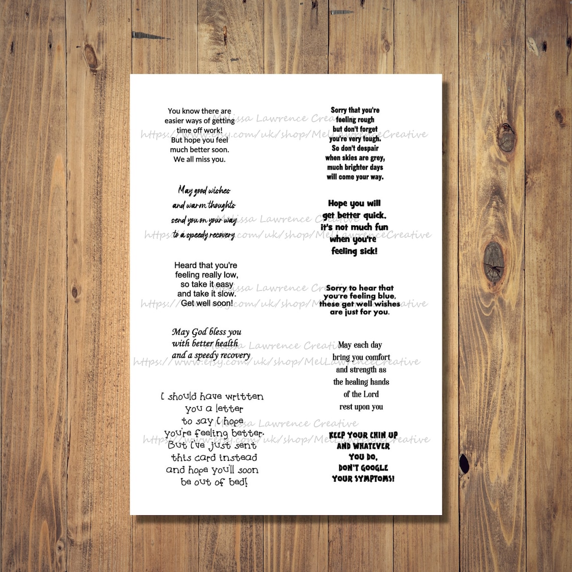 Get Well Card Inserts Digital Sheet, Printable Card Verses, Inside Card ...