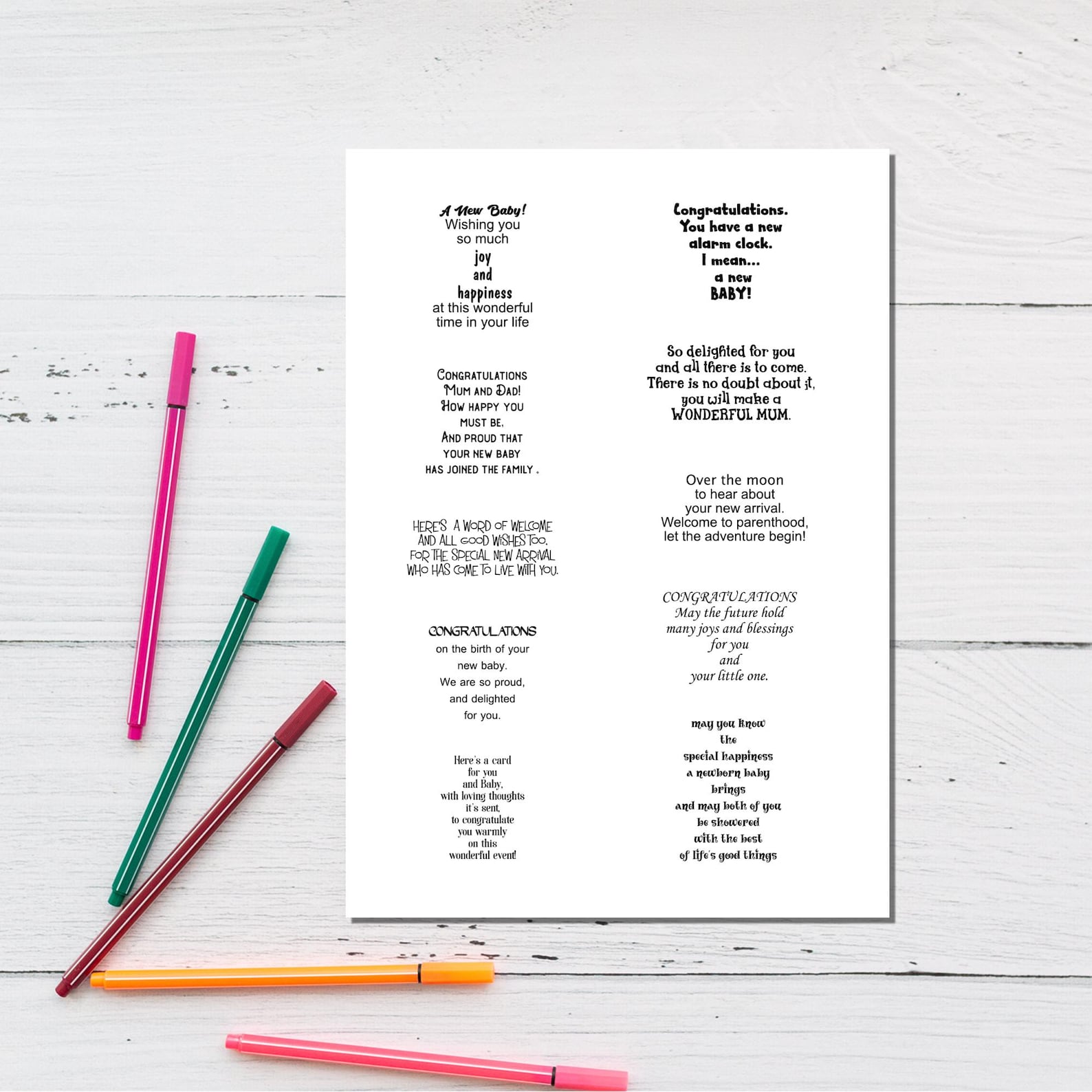 Printable Baby Card Inserts, Digital New Baby Greetings, Sayings for ...