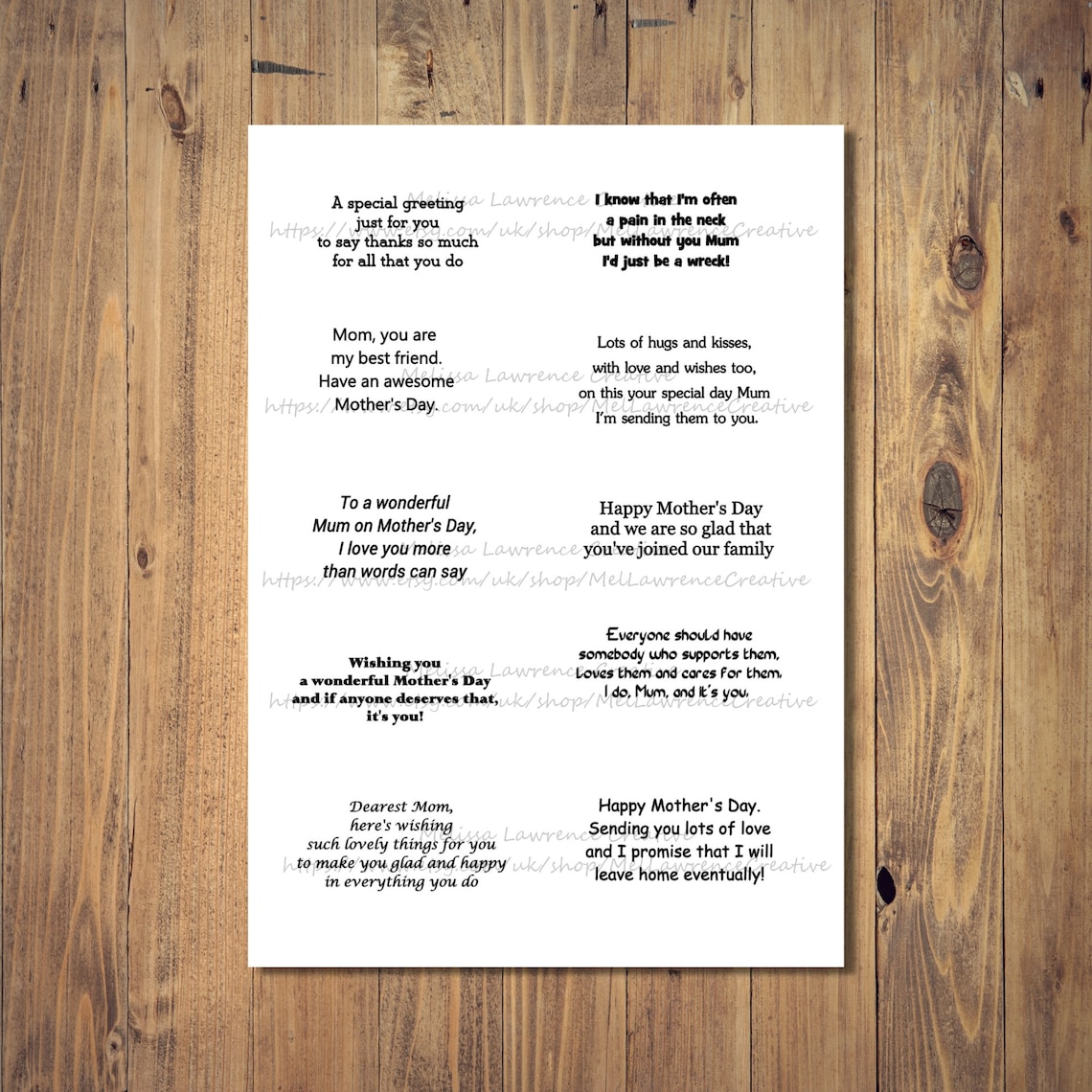 Mother's Day Card Inserts Digital Sheet, Mother's Day Sentiments ...