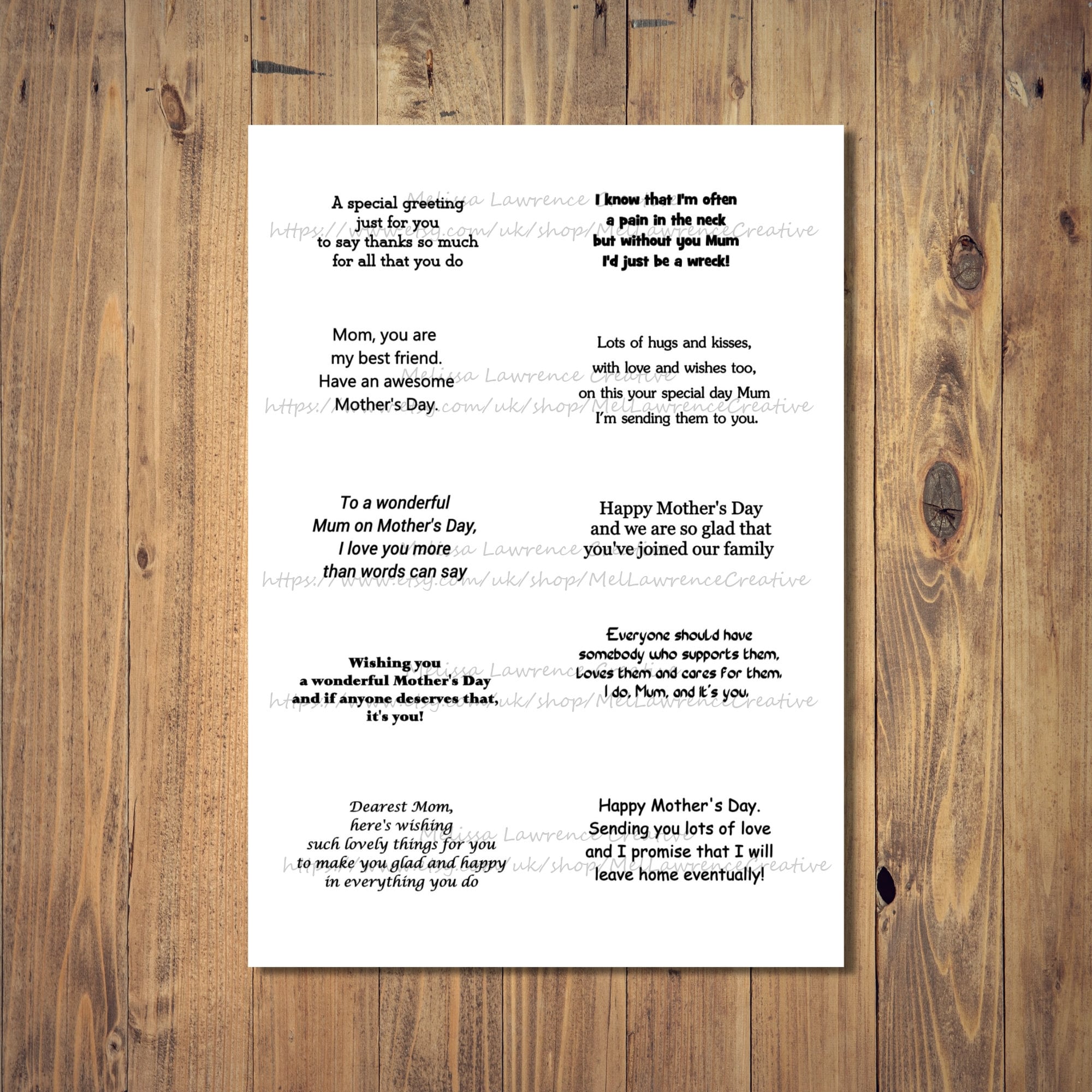 Mother's Day Card Inserts Digital Sheet, Mother's Day Sentiments ...