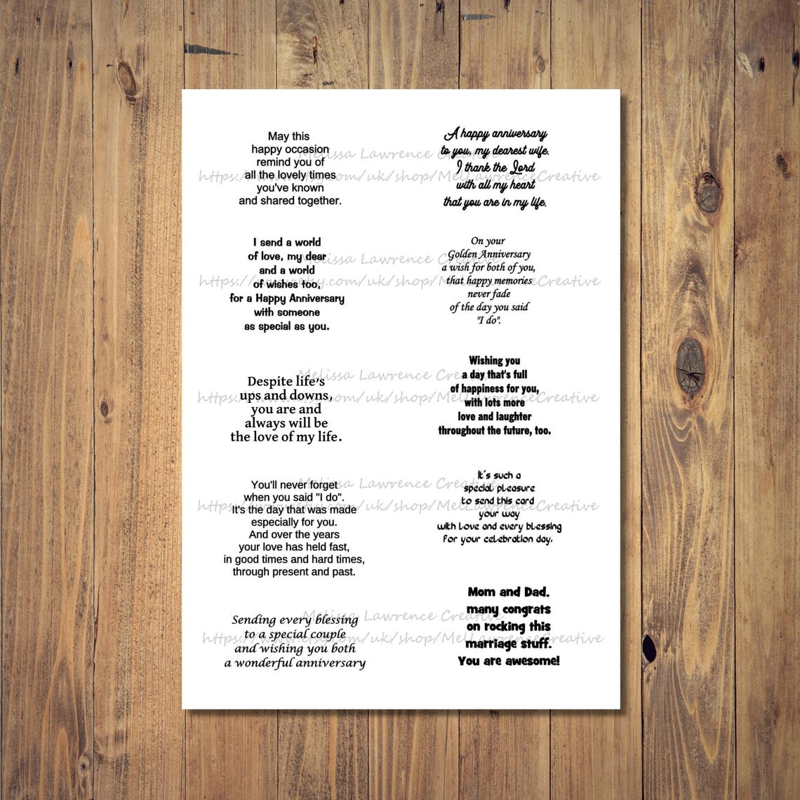 Anniversary Card Inserts Digital Sheet, Printable Anniversary Card ...