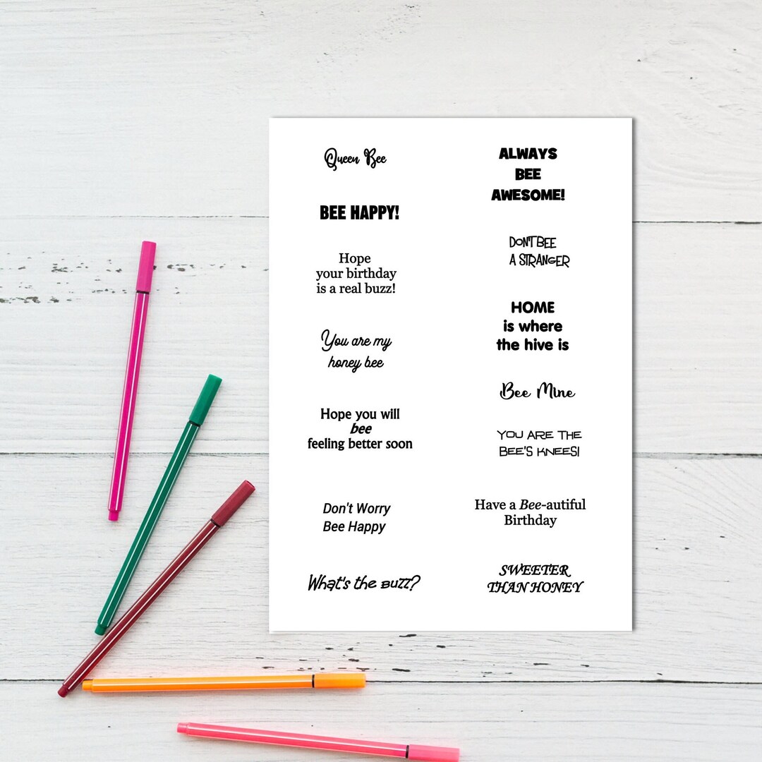 Bee Sentiments Digital Sheet, Printable Sentiments Sheet, Bee Card ...