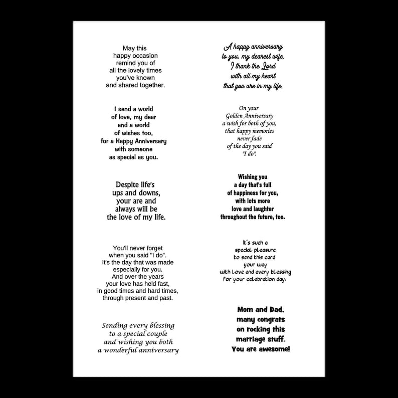 Anniversary Card Inserts Digital Sheet, Printable Anniversary Card ...